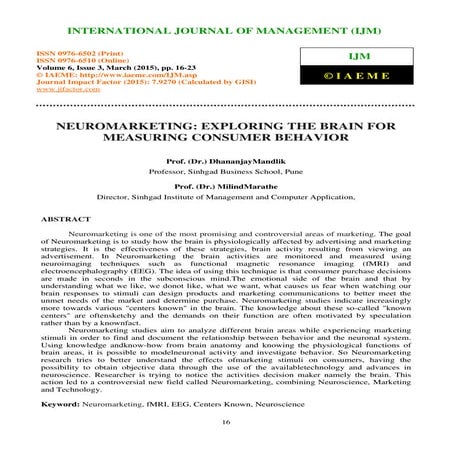 Neuromarketing exploring the brain for measuring consumer behavior | PDF