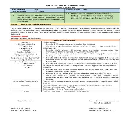 RPP IPA KELAS9 Bab 1.Sistem Reproduksi pada Manusia | PDF