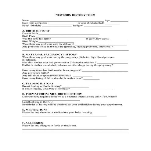 Newborn history form (english only) | PDF