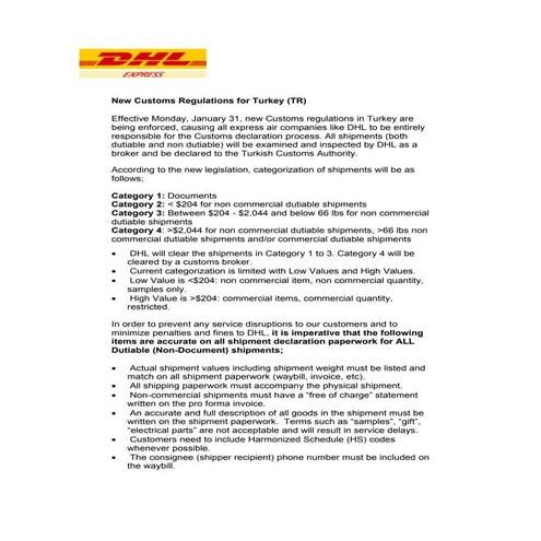 New Customs Regulations For Turkey | DOC