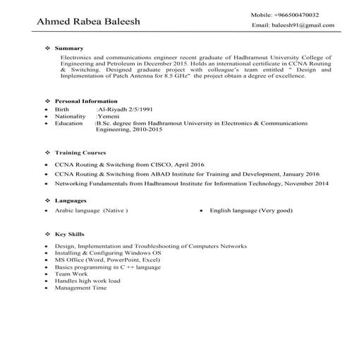 cv for Electronics & Communications Engineer | PDF
