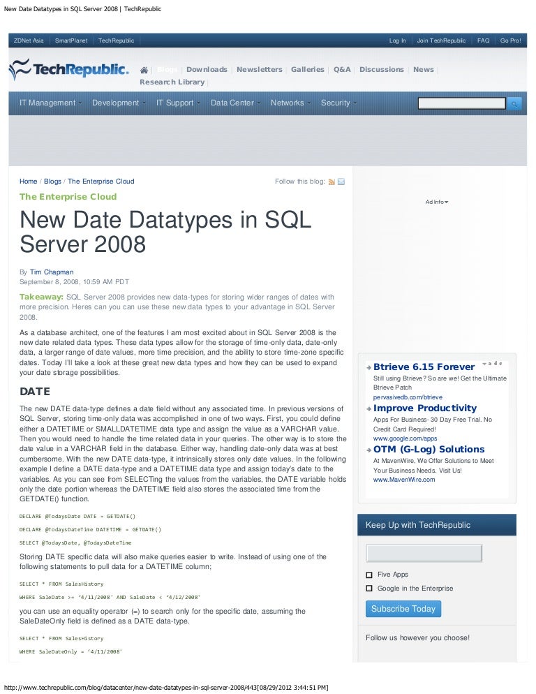 New Date Datatypes In Sql Server 2008 Tech Republic
