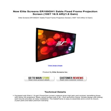 New elite screens er100 gh1 sable fixed frame projection screen 100 169 ...