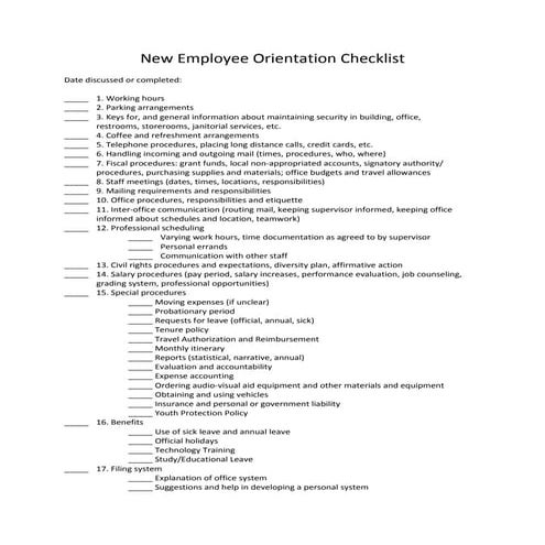 New Employee Orientation Checklist | DOC