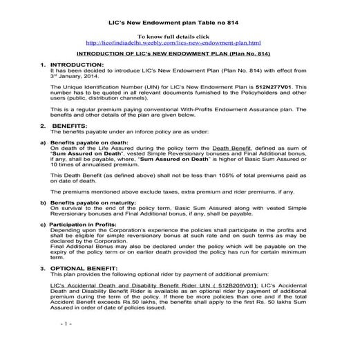 LIC's New endowment Plan Table no 814 | DOC