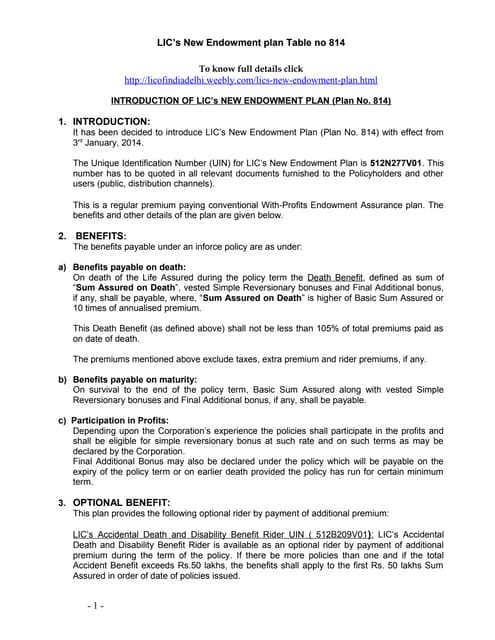 LIC New Endowment Plan T No 814 | PPT