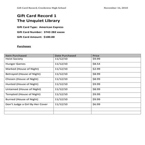 Updated Gift Card Tracking Form: Sample | DOC