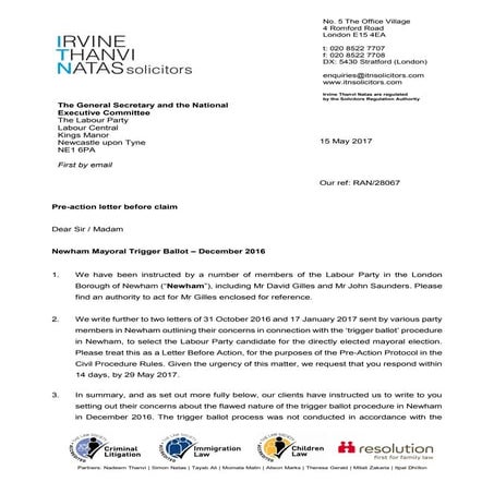 Newham Trigger Ballot 2: Pre-Action Letter to the Labour Party NEC (15 ...
