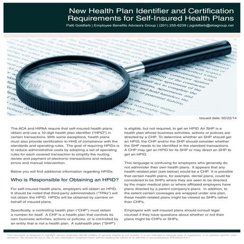New health plan identifier & certifucation requirements for self insured plans | PDF