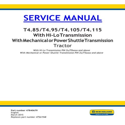 New Holland T4.95 Tractor Transmission Service Repair Manual.pdf