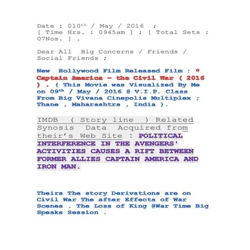 New hollywoof film reveiw captain america ; the civil war ( 2016 ) . | DOCX