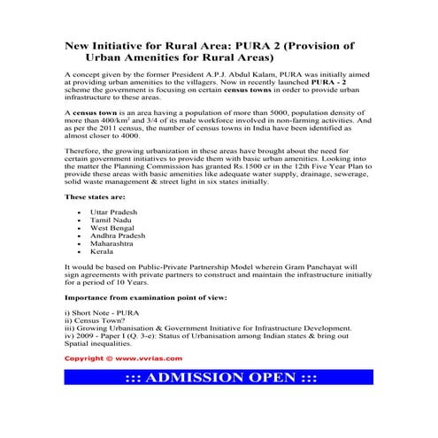 New initiative for rural area pura 2 (provision of urban amenities for ...