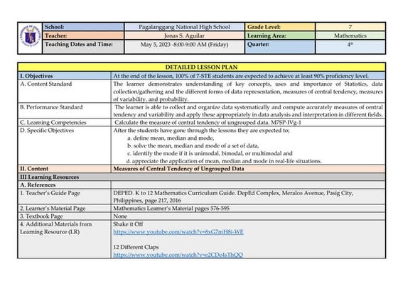 Lesson Plan- Measures of Central tendency of Data | DOCX | Educational ...