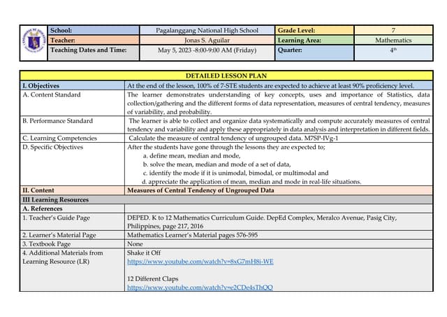 Ratio and Proportion Lesson Plan for Grade 5 | DOCX