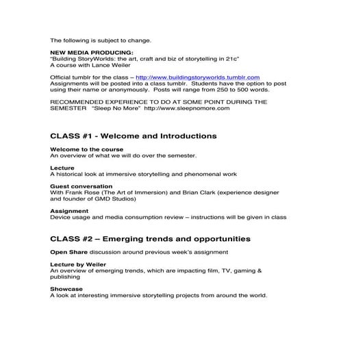New Media Producing Syllabus Spring 2014 - Building Storyworlds the art ...