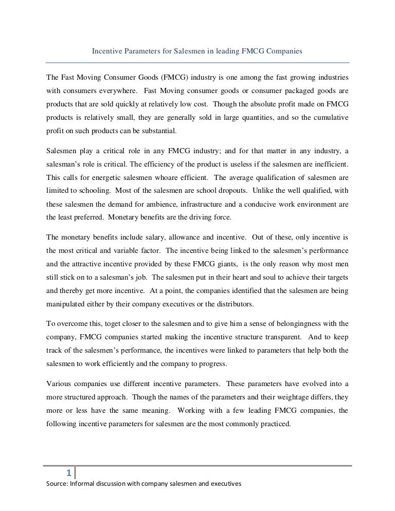 Incentive Parameters for salesmen in Leading FMCG Companies