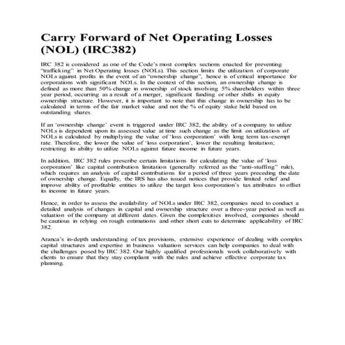 Carry Forward of Net Operating Losses (IRC382) | US Tax Compliance (NOL ...