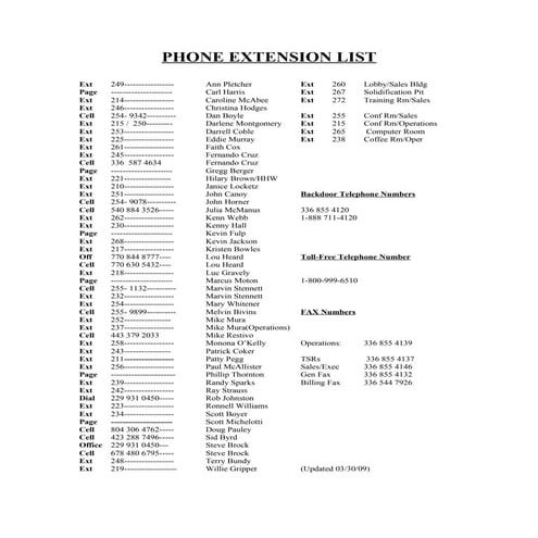 New Phone Extension List | DOC
