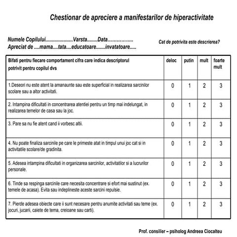 Chestionar de apreciere a manifestarilor de hiperactivitate | PPT