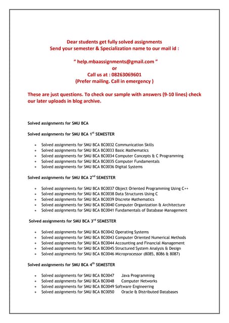 SMU SOLVED ASSIGNMENTS OF MCA/ BCA/ MSC IT / BSC IT | PDF SMU SOLVED ASSIGNMENTS OF MCA/ BCA/ MSC IT / BSC IT | PDF