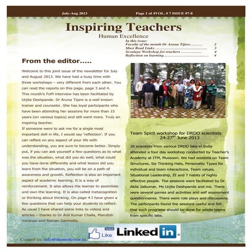 Inspiring Teachers July-Aug 2013 | PDF | Workshops and Classes ...
