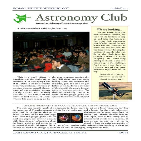 Newsletter (vol 1), Astronomy Club IIT Delhi | PDF