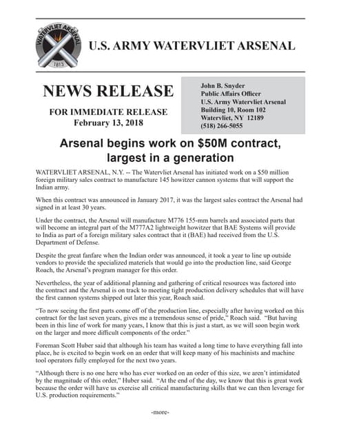 Newsletter from the Army's Oldest Operating Arsenal - July 2018 | PDF