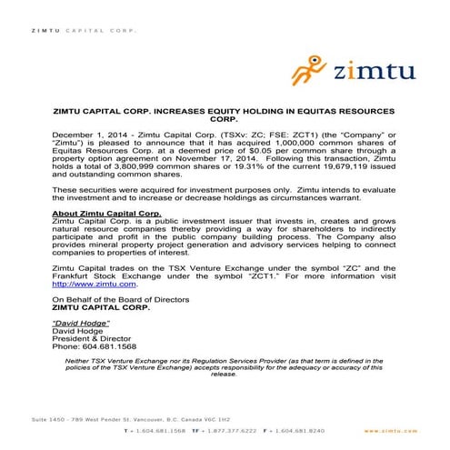 News Release Zimtu Capital Corp Increases Equity Holding In Equitas