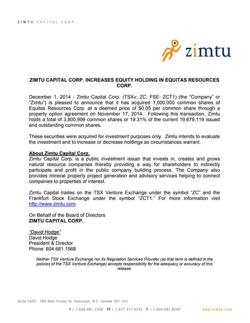 News Release Zimtu Capital Corp Increases Equity Holding In Equitas