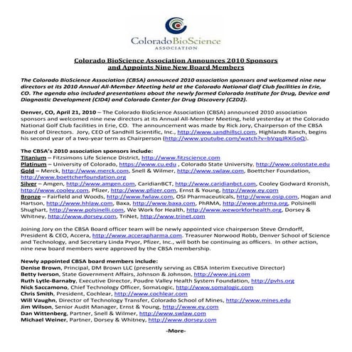 Colorado BioScience Association Announces 2010 Sponsors and Appoints ...