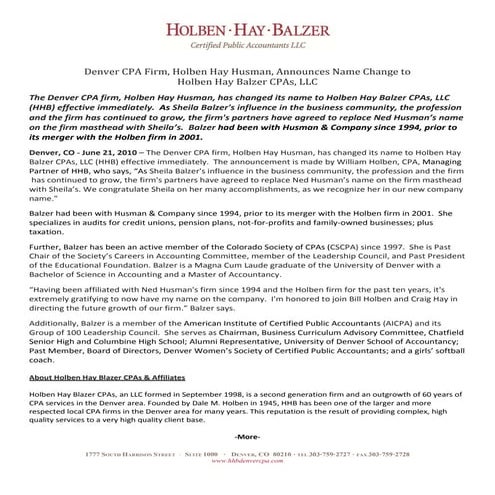 Denver CPA Firm, Holben Hay Husman, Announces Name Change to Holben Hay ...