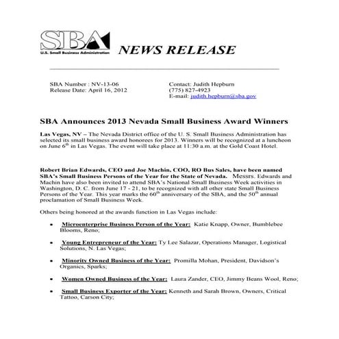 News release SBA 2013 Award | PDF