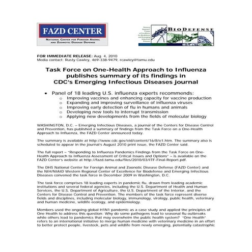 Task Force on One-Health Approach to Influenza publishes summary of its ...