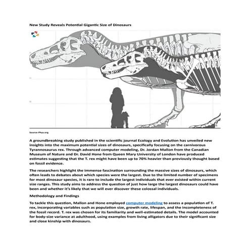 Sizes of Dinosaurs Reimagined: New Study Reveals T. rex Could Be 70% ...