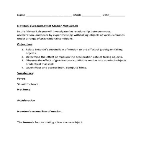 Newton's second law of motion virtual lab | DOCX | Physics | Science