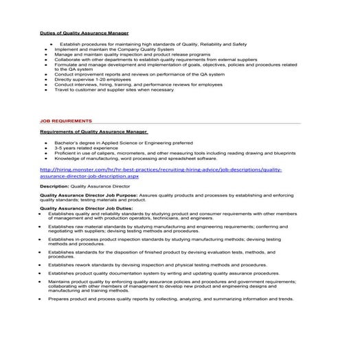 Quality Assurance Manager Job Description | DOC