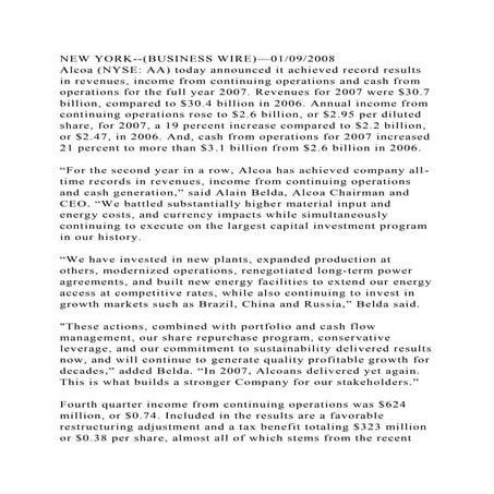 NEW YORK--(BUSINESS WIRE)—01092008Alcoa (NYSE AA) today announc.docx