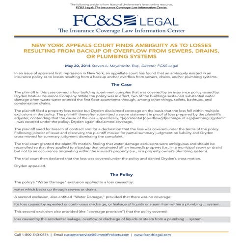 NY Appeals Court Finds Ambiguity as to Losses Resulting from Backup or ...