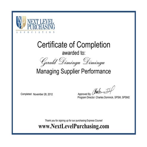 Next level managing supplier perfomance certificate | PDF