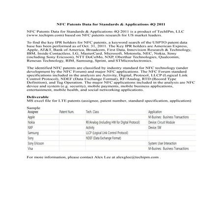 NFC Patents Data for Standards & Applications 4Q 2011 | PDF