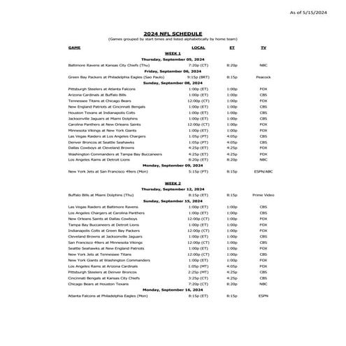 2024-2025 NFL Schedule - Week by Week pdf | PDF | Television ...