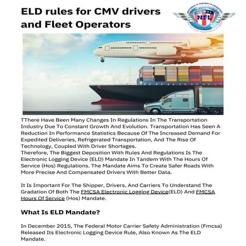 Understanding ELD Rules: Compliance for CMV Drivers and Fleet Operators | PDF