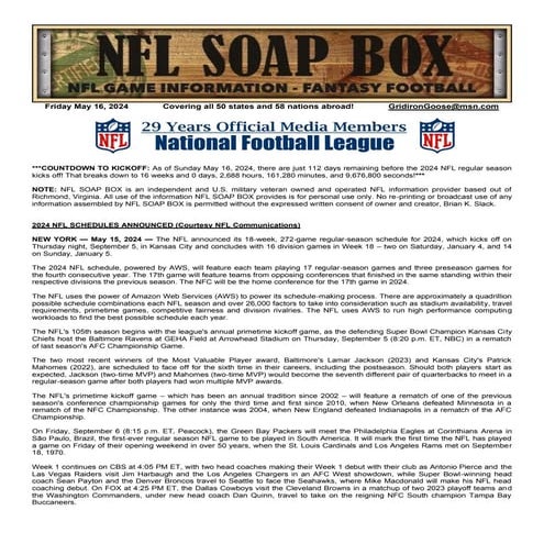 NFL SOAP BOX WEEKLY REPORTS- 2024 NFL Schedules | PDF