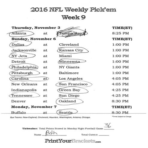 Nfl week 9 all picks | PDF | College Football | College Sports
