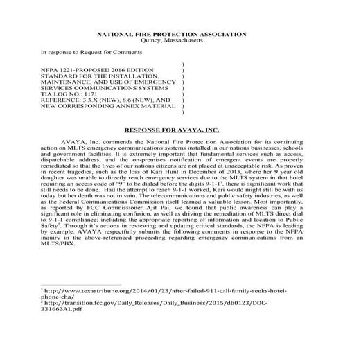 AVAYA RESPONSE TO NFPA 1221 - Comments | PDF