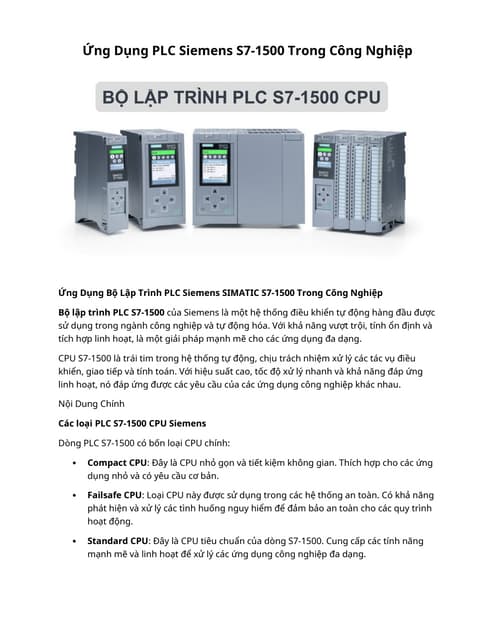 Tài liệu chi tiết bộ điều khiển PLC Siemens S7-1500 | PDF