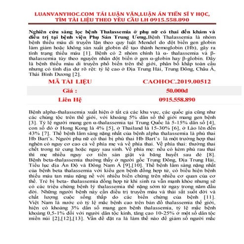 Nghien cuu sang loc benh thalassemia o phu nu co thai den kham va dieu tri | PDF