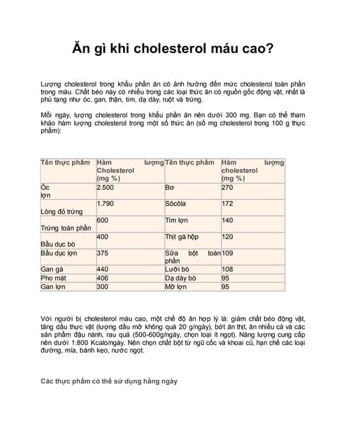 Dinh dưỡng cho người tăng cholesterol | PDF