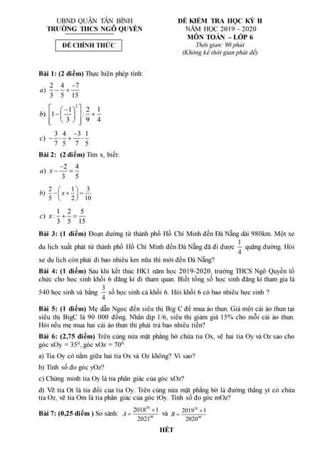 Đề Thi HK2 Toán 7 - THCS Tân Bình | PDF