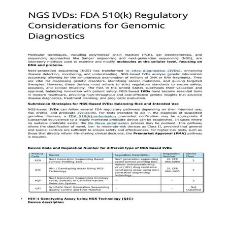 NGS IVDs: FDA 510(k) Regulatory Considerations for Genomic Diagnostics | DOCX